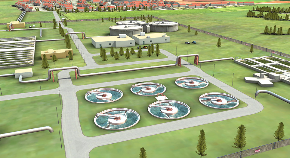 Пречиствателна станция за отпадъчни води 3d сценa Електронно обучение и учене Mozaik