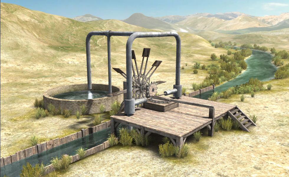 Medieval Arab water pump (Al-Jazari, 13th century) - 3D scene - Mozaik ...