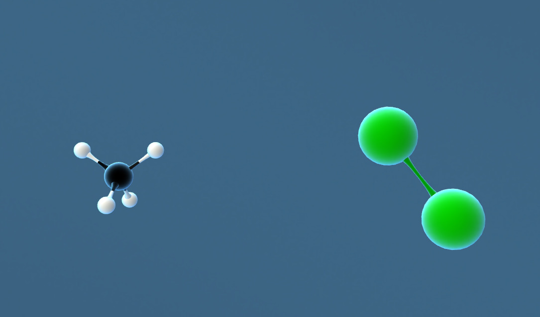 Chlorination of methane by a substitution reaction - 3D scene - Mozaik ...
