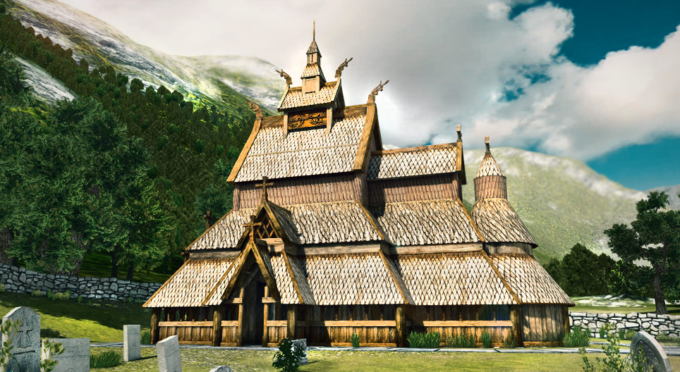 Viking stave church (Borgund, 13th century) - 3D scene - Mozaik Digital ...